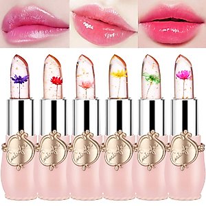 Eakroo Flower Lip Gloss Crystal Jelly Lipstick, 6 Packs Long Lasting Nutritious Lip Balm Lips Moisturizer Magic Temperature Color Change Lipgloss (pink)