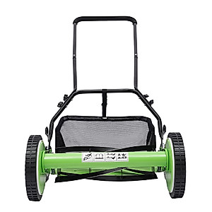 BANLICALI Grass Trimmer, 16-Inch 5-Blade Cordless Manual Reel Lawn Mower with Grass Collection Basket and Wheel, 9-Position Adjustable Height (1.34"-2.52"), Weed Wacker for Home Lawn Edger Green