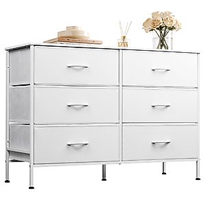 WLIVE Wide Dresser with 6 Drawers, TV Stand for 50" TV, Entertainment Center with Metal Frame, Wooden Top, Fabric Storage Dresser for Bedroom, Hallway, Entryway, White
