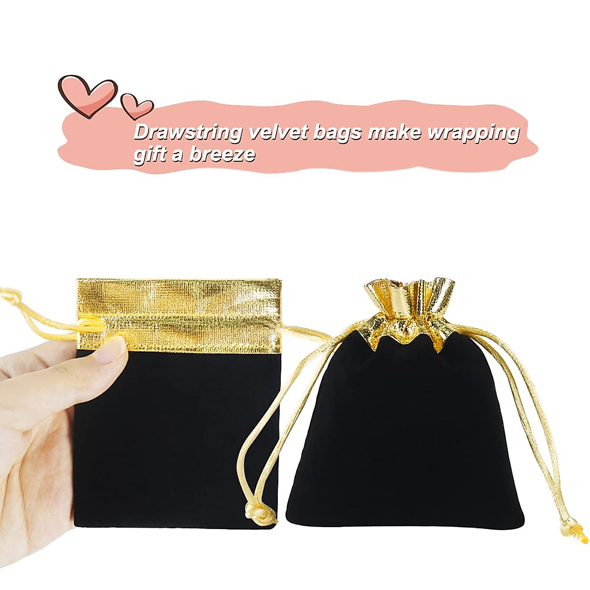 HRX Package Velvet Jewelry Bags 3x4 inch, 20pcs Black Gold Cloth Drawstring Pouches for Small Gift