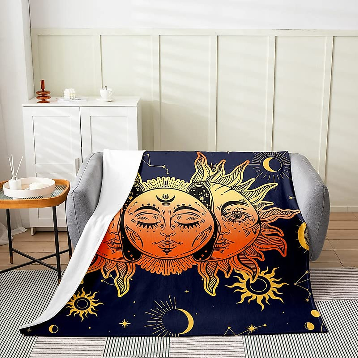 Sun Moon Flannel Fleece Throw Blanket Boho Exotic All Season Bed Blanket Room Decorative Bohemian Galaxy Fuzzy Blanket Astrology Space Cosmic Celestial Orange Plush Blanket Throw 50"x60"
