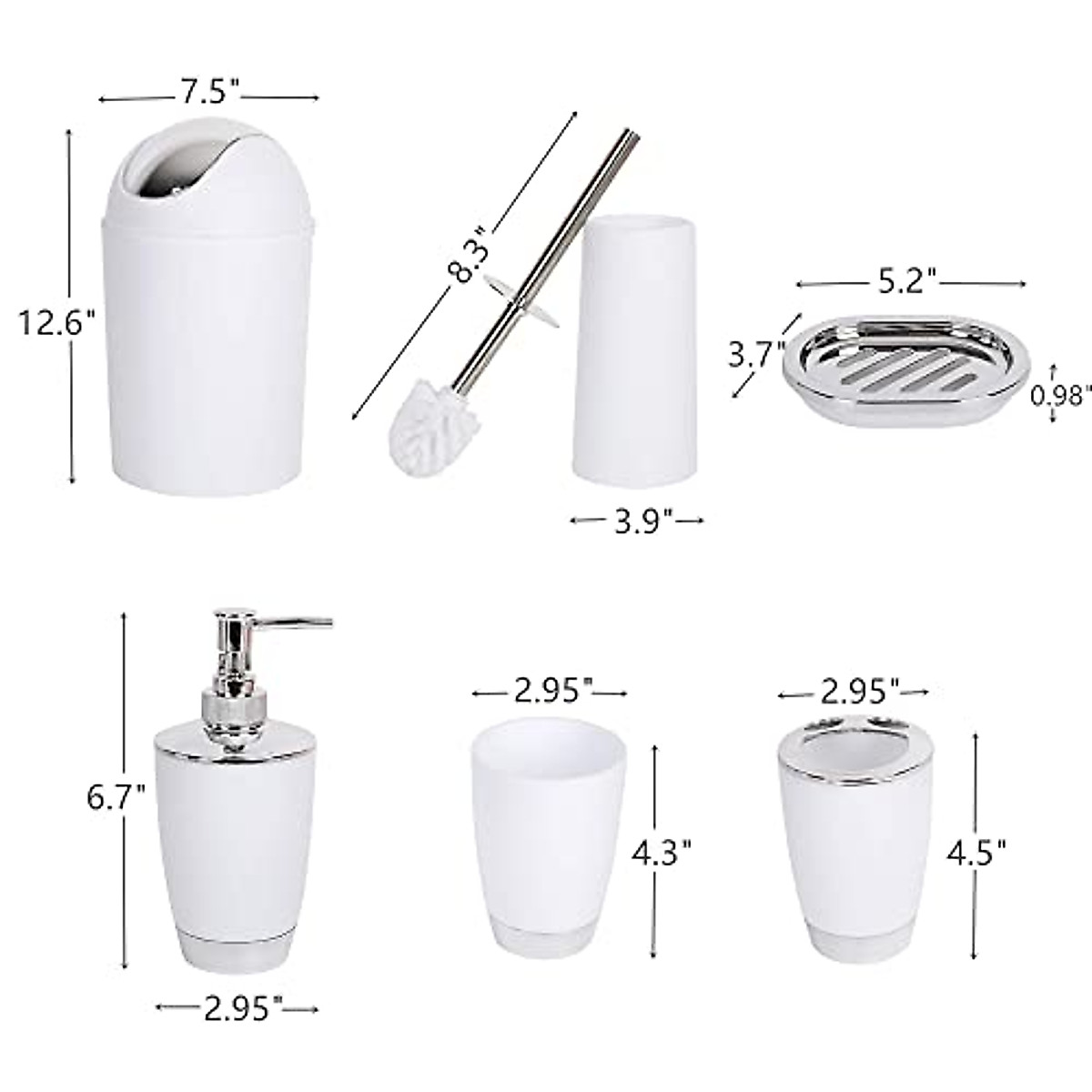 YCOCO 6 Pcs Plastic Bathroom Accessories,Includes Toothbrush Holder,Toothbrush Cup,Soap Dispenser,Soap Dish,Toilet Brush,Trash Can,White