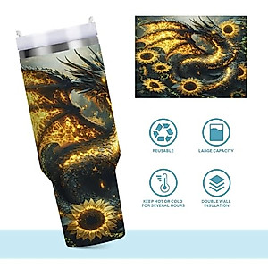 Slewiaeky Tumbler with Handle 40 oz Multicolor Dragon Wild Travel Mug with Lid and Straw Sunflower Stainless Steel Vacuum Insulated Water Bottle Cup for Iced Tea Coffee Cold Beverages Cup Holder Frie