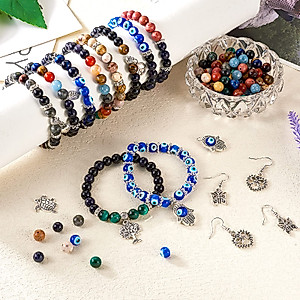 Beadthoven 412pcs Crystal Beads for Jewelry Making Kit, 8mm Round Natural Stone Beads, Evil Eye Beads for Bracelet Making for Adults, Healing Gemstone Beads for DIY Jewelry Necklace Earrings Accessory