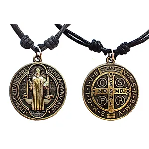 Bijoux de Ja Antique Bronze Saint Benedict of Nursia Medal Pendant Adjustable Cord Necklace 16"