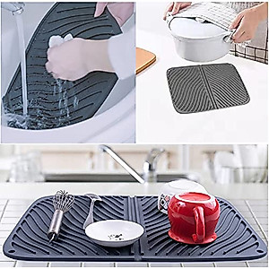 IYYI Silicone Dish Drying Mat Large Draining Mat Foldable Drainer Mat Heat Resistant Dryer Mat Dishwasher Safe Drainboard (L+Gray)