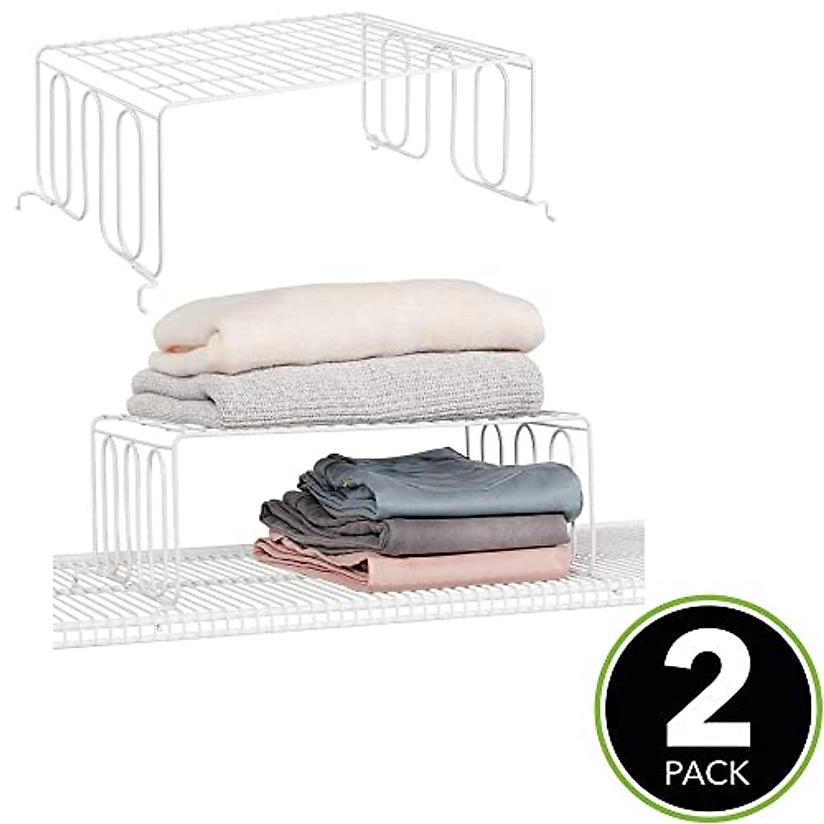 mDesign Versatile Metal Wire Closet Shelf Divider and Separator with Top Shelf for Storage and Organization in Bedroom, Bathroom, Kitchen and Office Shelves - Easy Install, 2 Pack - White