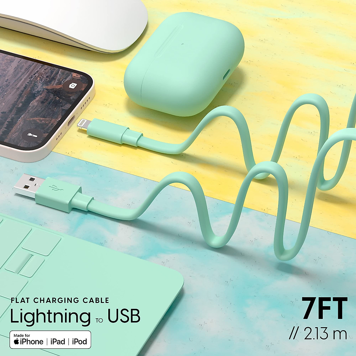 TalkWorks Flat Lightning Charging Cable Compatible w/iPhone 14/Plus/Pro/Pro Max, 13/Mini/Pro/Pro Max, 12/Pro/Pro Max/Mini, 11/Pro/Pro Max, XR, XS, XS Max, X, 8, 7, 6, 5-7' Charger Cord (Mint Green)