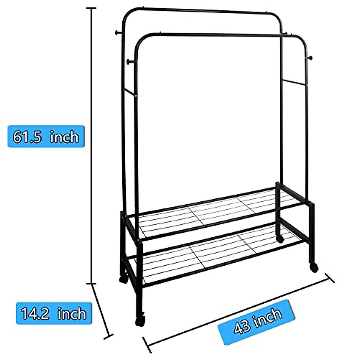 befacai Clothing Garment Rack with Shelves, Upgraded Length Cloth Hanger Rack Stand on Wheels, Clothes Drying Rack with Two Rod