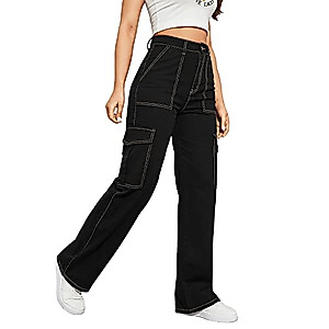 SweatyRocks Women's High Waist Cargo Jeans Flap Pocket Wide Leg Denim Pants Solid Black XXS