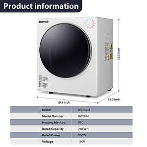 Bouwald 2.0 cu.ft Electric Compact Portable Clothes Laundry Dryer with Stainless Steel Tub Apartment dryer 110V 800W