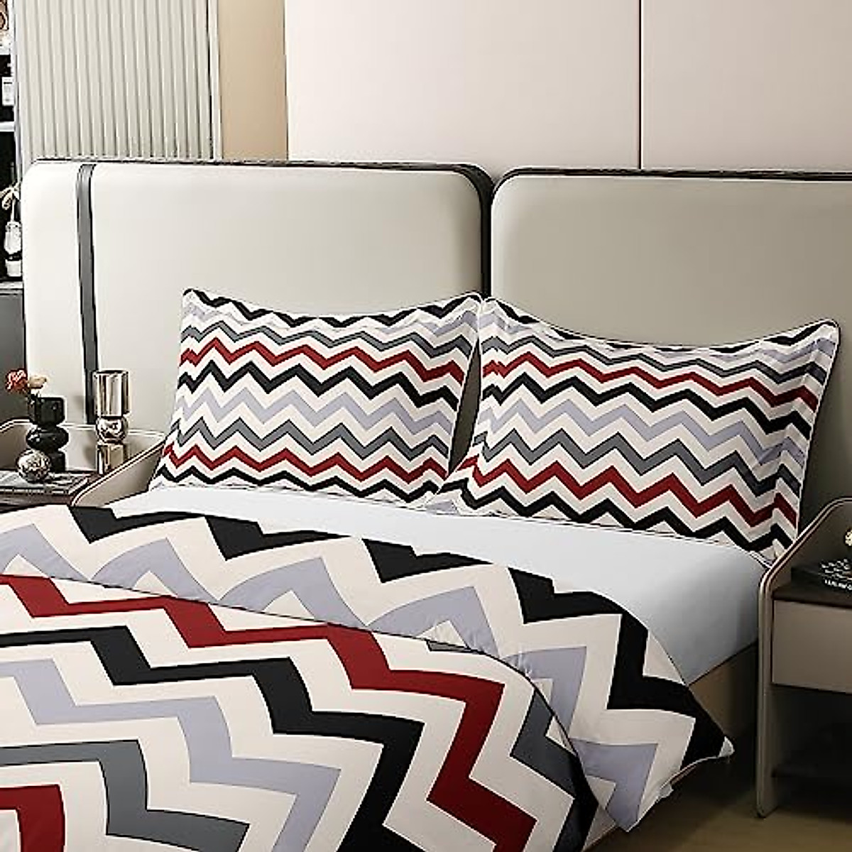 Geometric 100% Natural Cotton Duvet Cover,Zig Zag Lines Bedding Set for Kids Boys Girls,Black Red Grey Geometry Stripes Comforter Cover,Abstract Lines Modern Art Duvet Insert with 1 Pillowcase,Twin