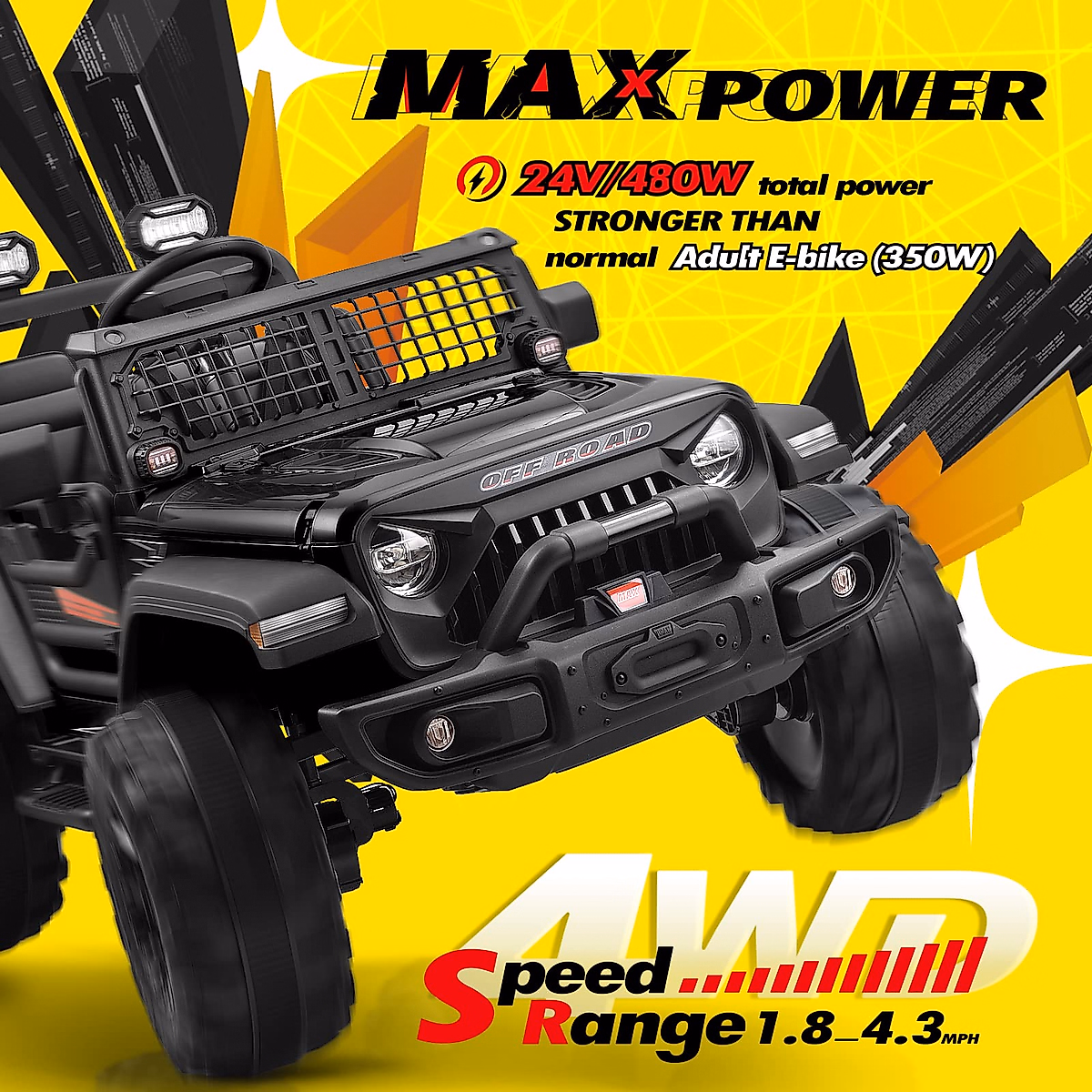 Blitzshark 24V MAX Ride-on Truck 2 Seater 4WD Kids Electric Vehicle 4x4 XXL Battery Powered Car, with 480W Ultra Powerful Motor, 7AH Battery, Remote Control, Full-Metal Suspension& DIY Sticker, Black