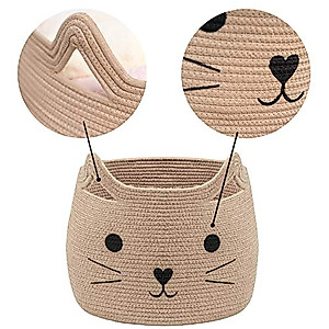 VK Living Animal Baskets Large Woven Cotton Rope Storage Basket with Cute Cat Design Animal Laundry Basket Organizer for Towels, Blanket, Toys, Clothes, Gifts – Pet or Baby Gift Baskets 15‘’ L x 14H