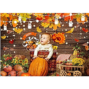 Dudaacvt 7x5ft Thanksgiving Photography Backdrop Rustic Wooden Floor Barn Harvest Background Thanksgiving Turkey Autumn Pumpkins Backdrop Thanksgiving Party Decoration Backdrop D643