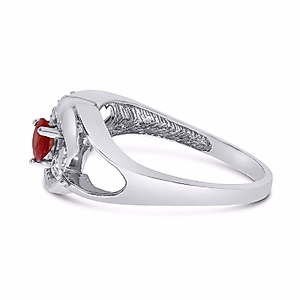 14k White Gold Round Garnet And Diamond Heart Ring (Size 8)