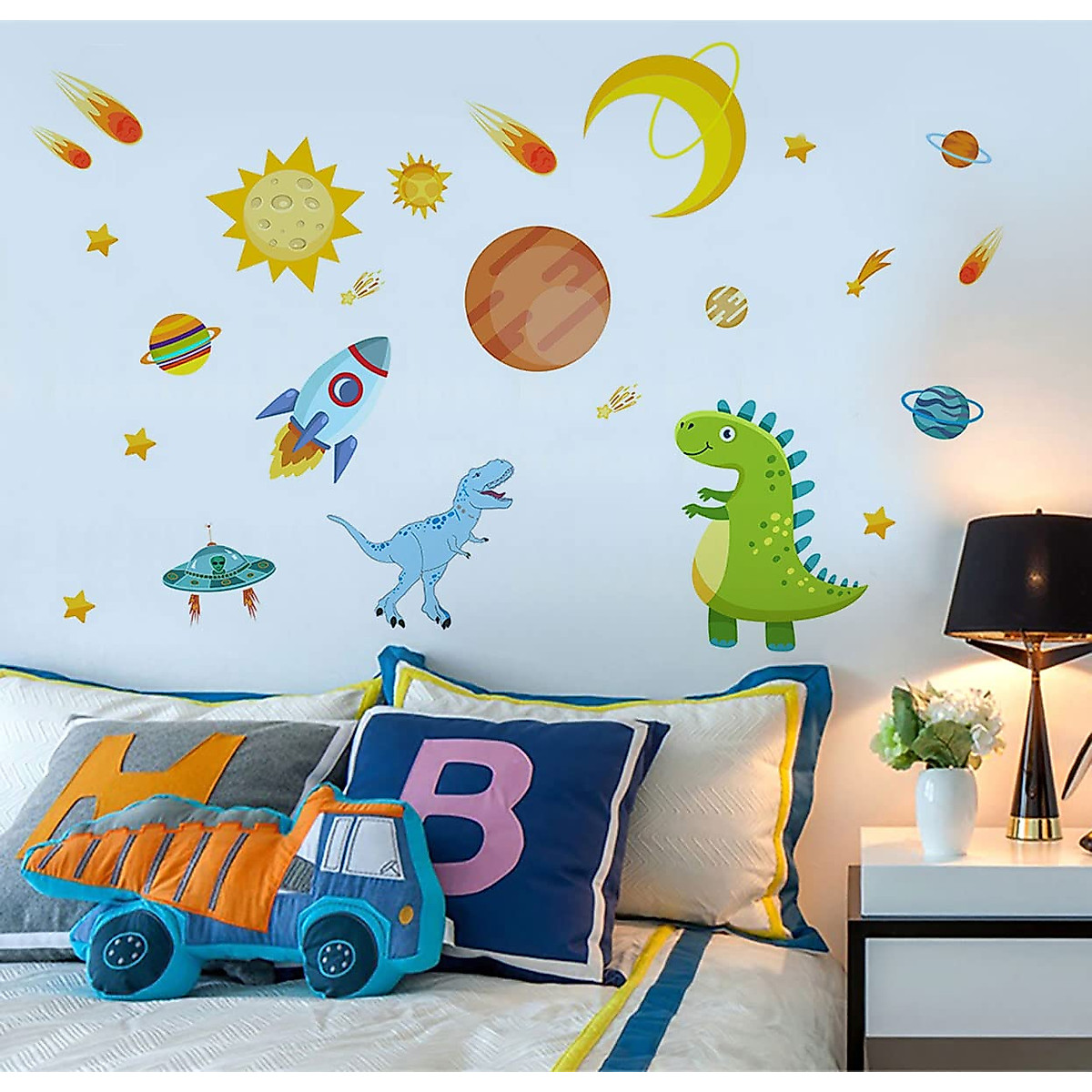 Dinosaur Outer Space Wall Decals, Dino Rocket Spaceship Decor Animal Planet Solar System Wall Sticker for Kid’s Bedroom Nursery Playroom Classroom Wall Decor