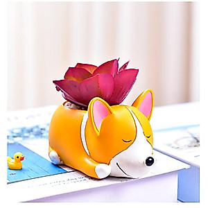Cute Corgi Sleeping Pet Flowerpot with Drainer Garden Flowerpot Resin Succulent Potted Bonsai Plant Stand Home Desk Mini Ornaments Balcony Gardening Flowerpot Does Not Contain Plants