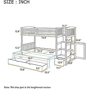 ATH-S Twin Over Full/Twin Stairway Bunk Bed with Storage Shelves and Drawers Wood Convertible Bottom Bed Bedroom Furniture for Adults, No Spring Box Needed,White (Color : White)