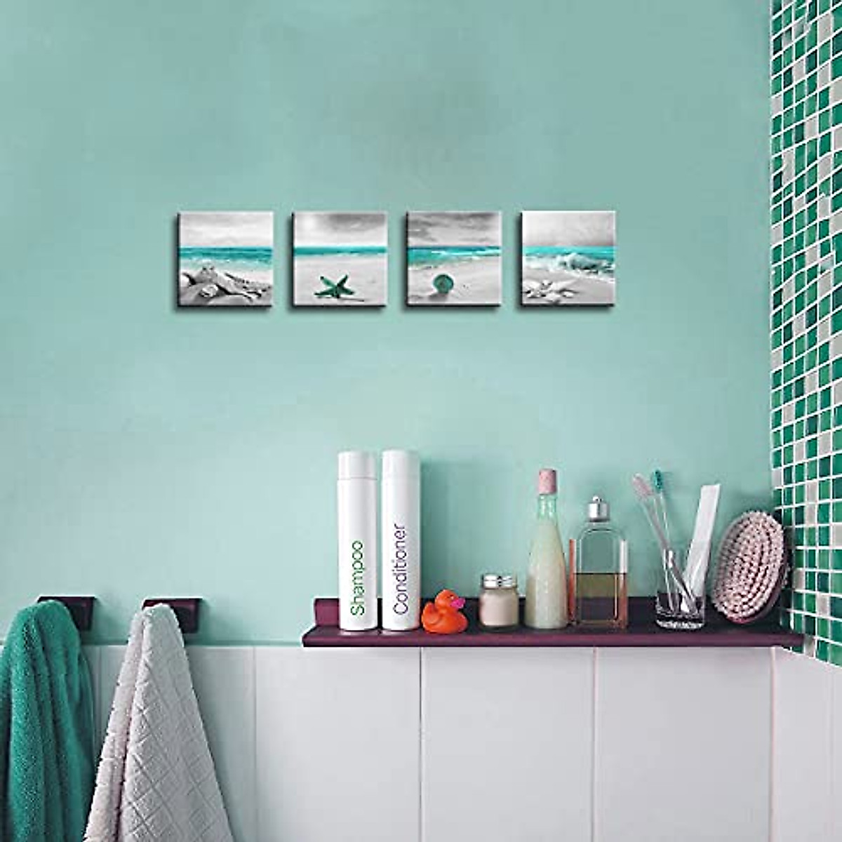 JUFENGART 4 panels green ocean beach wall decoration for bathroom beach canvas prints natural pictures home artwork bedroom living room wall art ready to hang size: 12x12inch/set