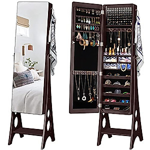 YOKUKINA LED Jewelry Cabinet Armoire, Large Storage Lockable Organizer with Frameless Free Standing Dressing Mirror (Brown)