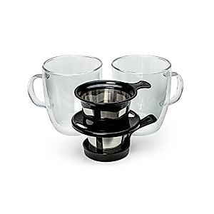 Java Concepts Pour Over Filter and 2 Double-Wall Glass, Black with 2 Mugs