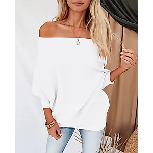 Zenlonr Women's Fall Sweaters 2025 Casual Long Batwing Sleeve Loose Off Shoulder Knit Pullovers Jumper Tops(White,Medium)