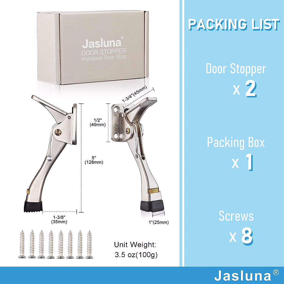 Jasluna Kickdown Door Stopper, 2-Pack Door Holder to Keep Door Open, 4-inch Commercial Heavy Duty Door Stoppers, One Touch Height-Adjustable Rubber Tips, Satin Nickel