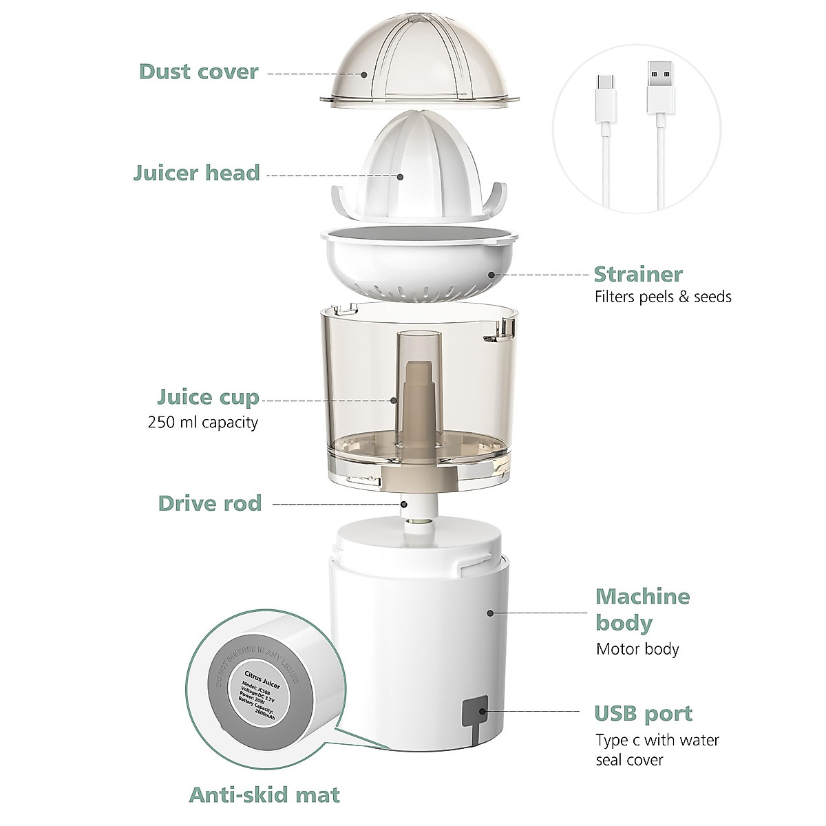 Cordless Electric Lemon Juicer Squeezer, AYOTEE Portable Electric Citrus Juicer with USB Cable and Spoon, Lemon and Lime Squeezer, Electric Orange Juicer Squeezer, Rechargeable Lime Juicer (White)