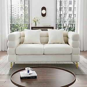 Wrofly Cloud Couch for Living Room, 59" Modern Overstuffed Deep Seat Boucle Sherpa Loveseat Sofa with 2 Pillows, Comfy Upholstered 2 Seater Love Seat for Bedroom Office, Beige White Teddy