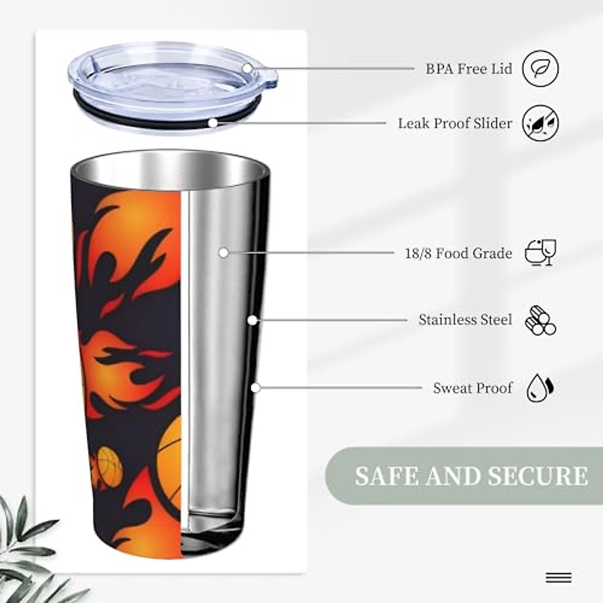 IYERSKD Basketball On Fire 20 oz Stainless Steel Tumbler Vacuum Insulated Leakproof Travel Mug for Car Office Gym