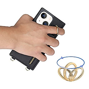 Jaorty iPhone 13 Mini Case with Card Holder,Crossbody Wallet Case for iPhone 13 Mini with Strap for Women，[Ring Holder Kickstand] Lanyard Leather PU Magnetic Clasp Zipper Purse,5.4" Black