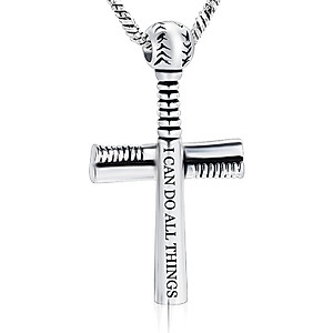 Yinplsmemory Cross Urn Necklace for Ashes Baseball with Bat Religious Urn Keepsake Necklace Stainless Steel Bat Cross Urn Locket for Ashes Holder (PH 4:13)