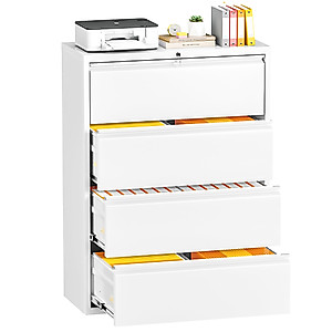 INTERGREAT 4 Drawer File Cabinet, White Lateral File Cabinet with Lock, Metal Office Filing Cabinet with Adjustable Frame for Legal, Letter, A4 Files, Fast Assembeld