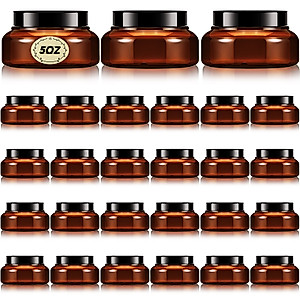 Tessco 24 Pack Plastic Jars with Lids Labels Empty Clear Plastic Jars Round Refillable Cosmetic Containers Body Butter Containers Bulk Sugar Scrub Bottle for Make Up(5 oz,Brown)