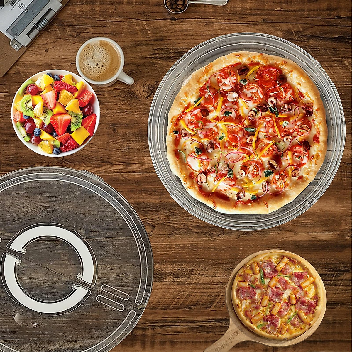 Wensdr 3 Packs 12in Clear Food Storage Container with Lid and Handle Pie Pizza Carrier Container Sets Reusable Two Sided Food Serving Keeper