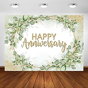 Avezano Happy Anniversary Backdrop Sage Green Leaves Happy Anniversary Banner Cheers to Marriage Wedding Anniversary Party Decorations Memorial Portrait Photo Booth Background (7x5ft)
