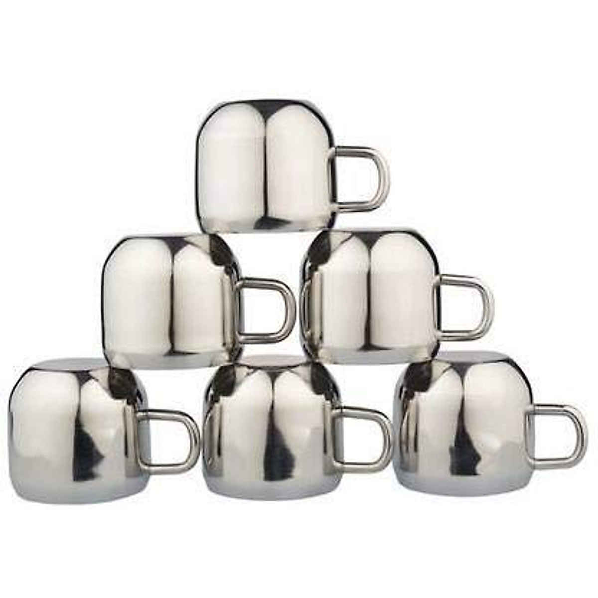 SS Ecom Set of 6 Stainless Steel Coffee Cups, Small Tea Cups with Stainless Steel Handle, Double Wall Espresso Cup Set - Silver, 3.5 oz