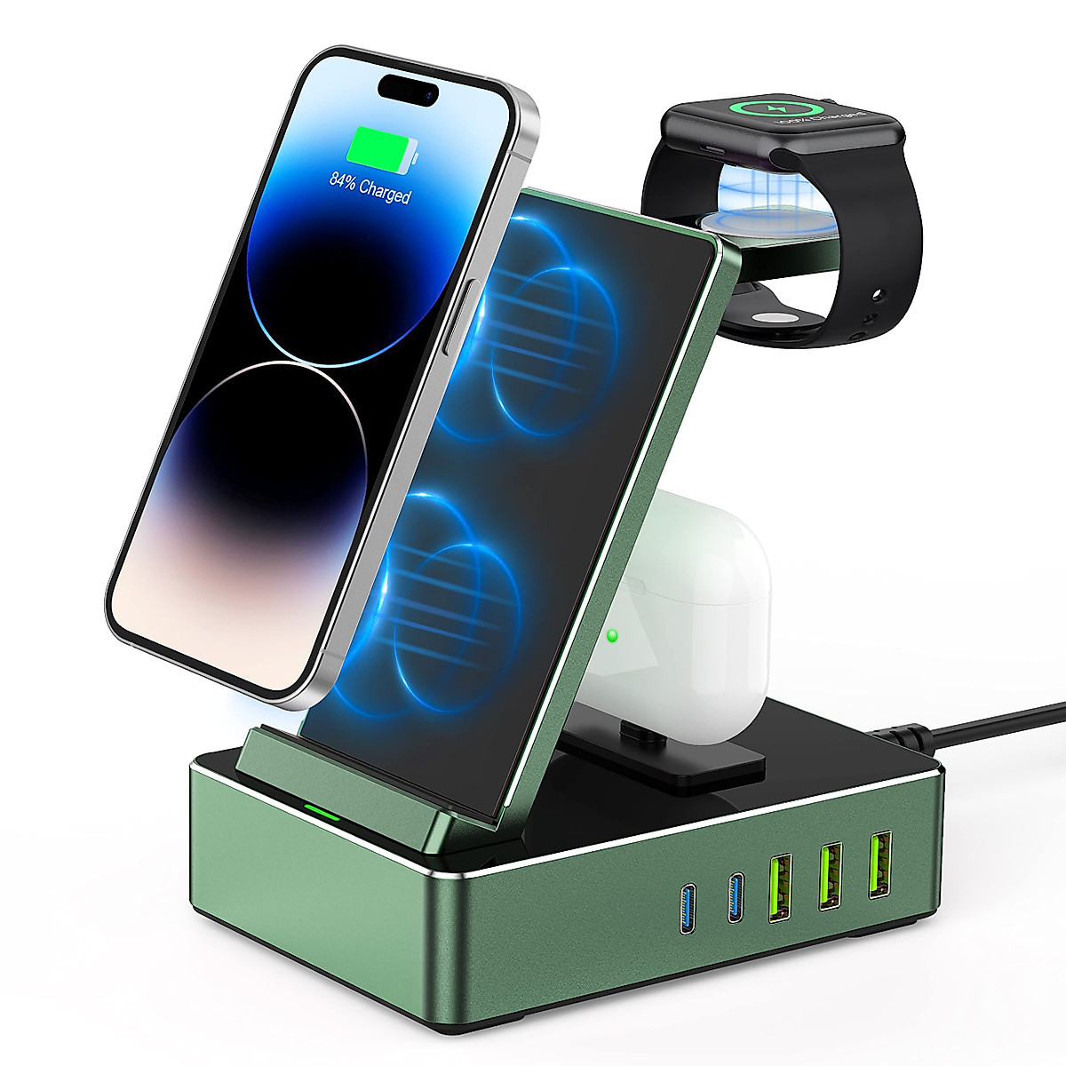 Charging Station for Multiple Devices Apple,Wireless Charger for Iphone 15/14/13/12 Series,Apple Watch Series,Airpods Pro,with 5 USB Ports Multi Charger Station 100w Aluminum Alloy Charger Station
