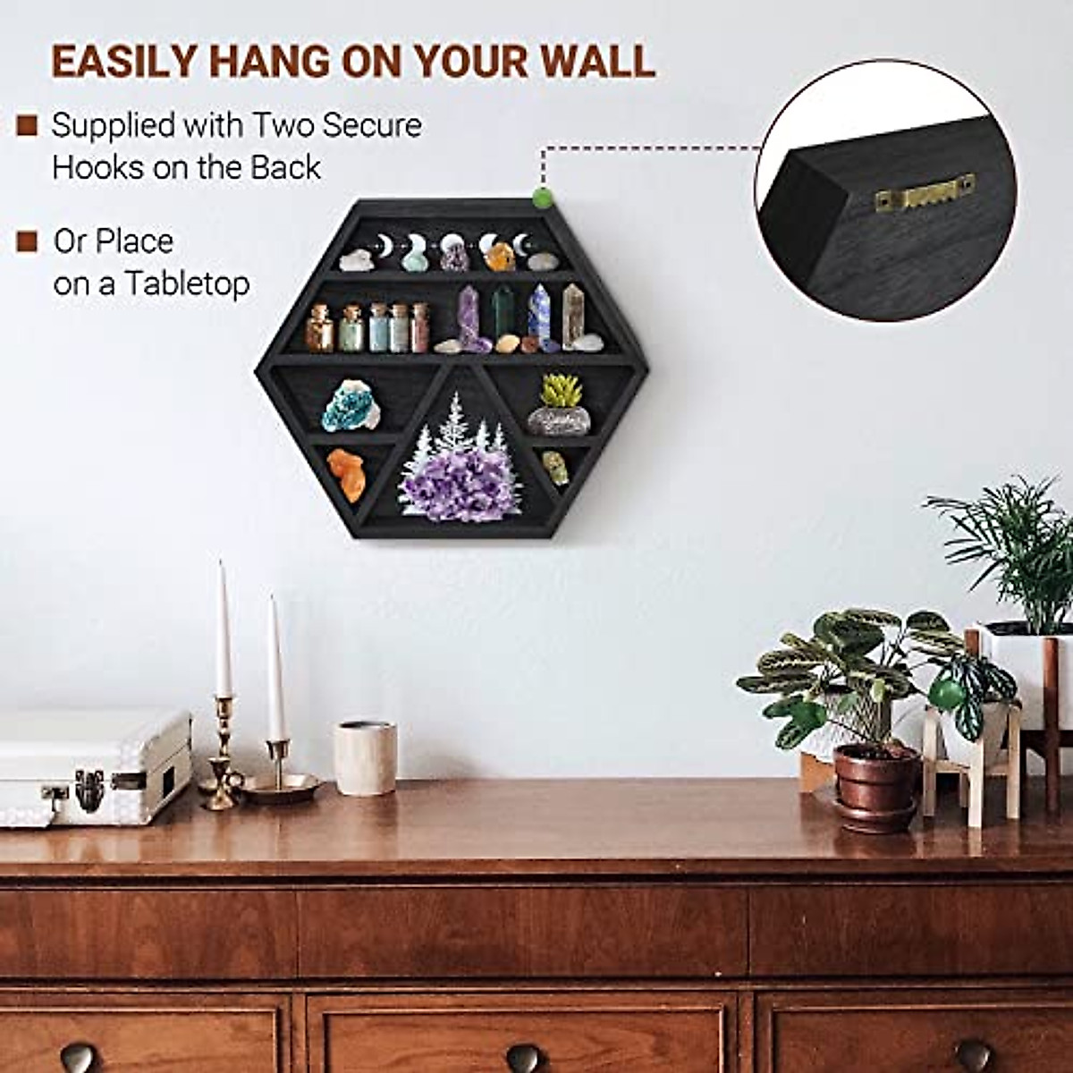 Unistyle Crystal Shelf Display Crescent Moon Shelf, Hexagon Crystal Holder for Stones, Essential Oils & Whichy Shelves Wood Crystal Wall Decor, Black Rustic Wooden Display for Boho Meditation Decor