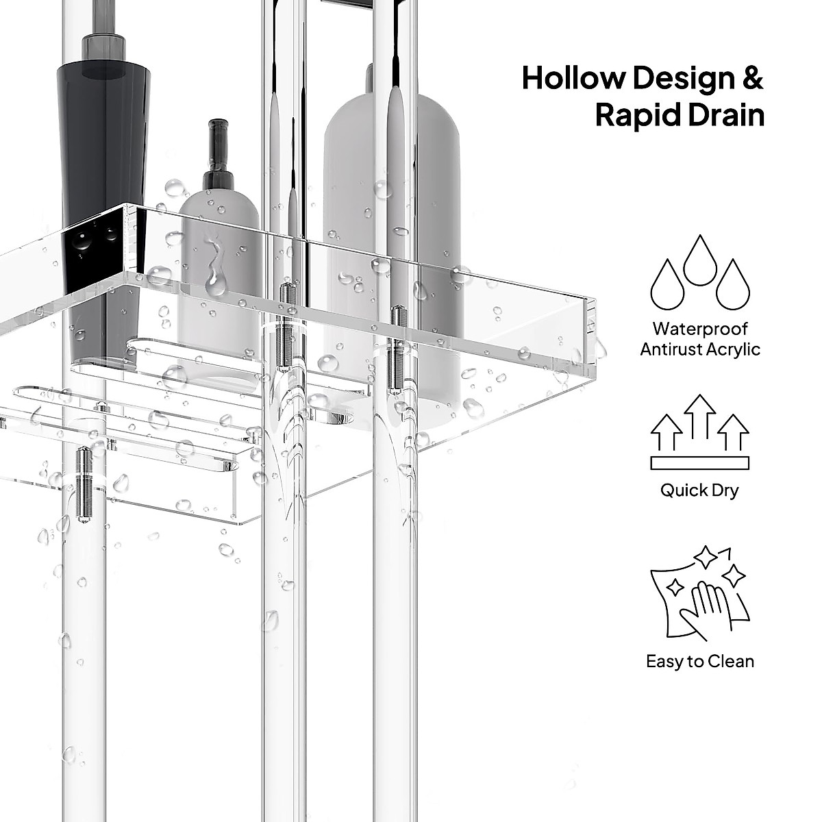 Aquiver Acrylic Standing Shower Caddy - 3 Tier Shower Organizer Stand with Handle - Corner Shower Caddy for Inside Bathroom, Bathtub, 11'' L x 10'' W x 34.6'' H, Clear