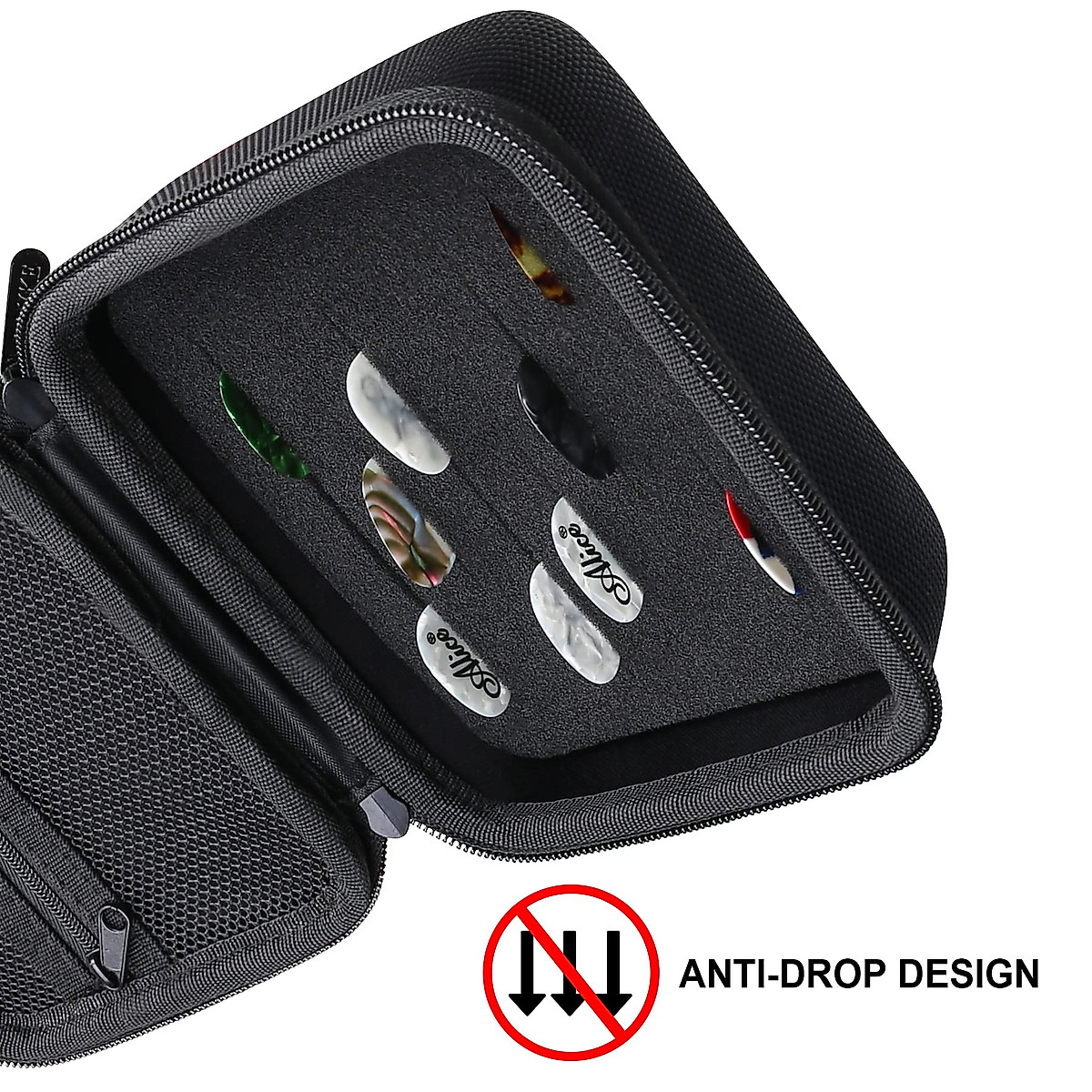BOVKE Guitar Picks Holder Case for Fender, ChromaCast, D'Addario, JIM DUNLOP, Bolopick, MUSICAL INSTRUMENT All Size Guitar Picks, Mesh Pocket for String Winder, Bridge Pins, Black (Case Only)