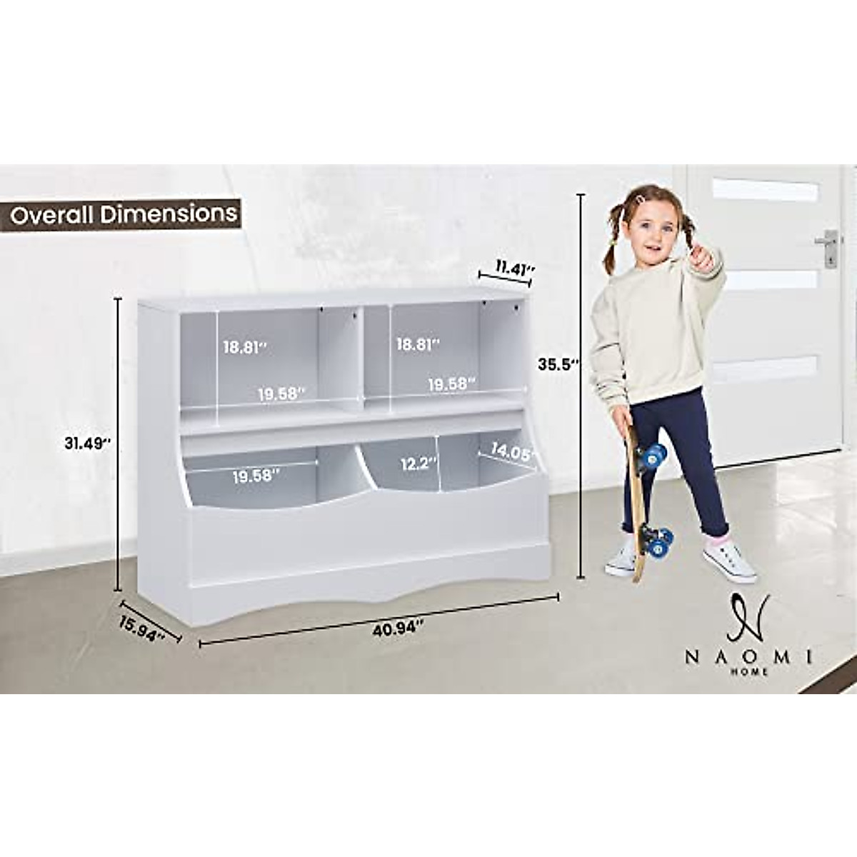 Naomi Home Nancy Stylish Storage Delights Toys Find Their Home Kids Storage with Bookshelves, Multifunctional Toy Organizer Kids' bookcases, Cabinets & Shelves for Playroom, Nursery, White