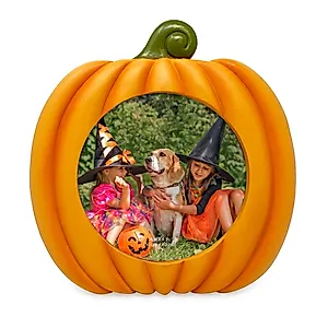 Isaac Jacobs 4x4 Pumpkin-Shaped Picture Frame For Halloween Or Fall Décor, Photo Tabletop & Wall Display Hanging Display (4x4, Orange)