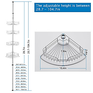 WPT Grey Shower Caddy Tension Pole for Bathroom, Stainless Steel Corner Shower Caddy Organizer Stand for Bathtub Shampoo Storage, 4 Tier Adjustable Shelves, 28.7 to 104.7 Inches