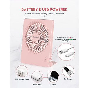 Zuvas Desk Fan Battery Operated Fan Rechargeable 180°Tilt Folding Personal Fan Ultra Quiet Small Portable Fan 3 Speed Adjustable Strong Wind USB Fan For Office Bedroom Home Desktop Camping