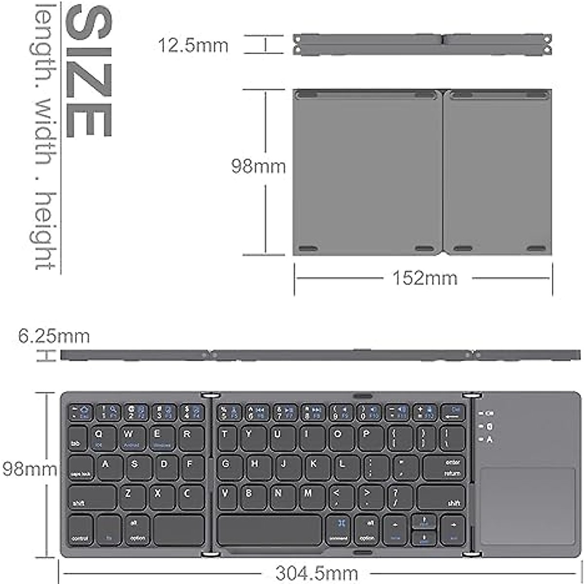 Gimibox Foldable Bluetooth Keyboard, Pocket Size Portable Mini BT Wireless Keyboard with Touchpad for Android, Windows, PC, Tablet, with Rechargeable Li-ion Battery-Dark Gray