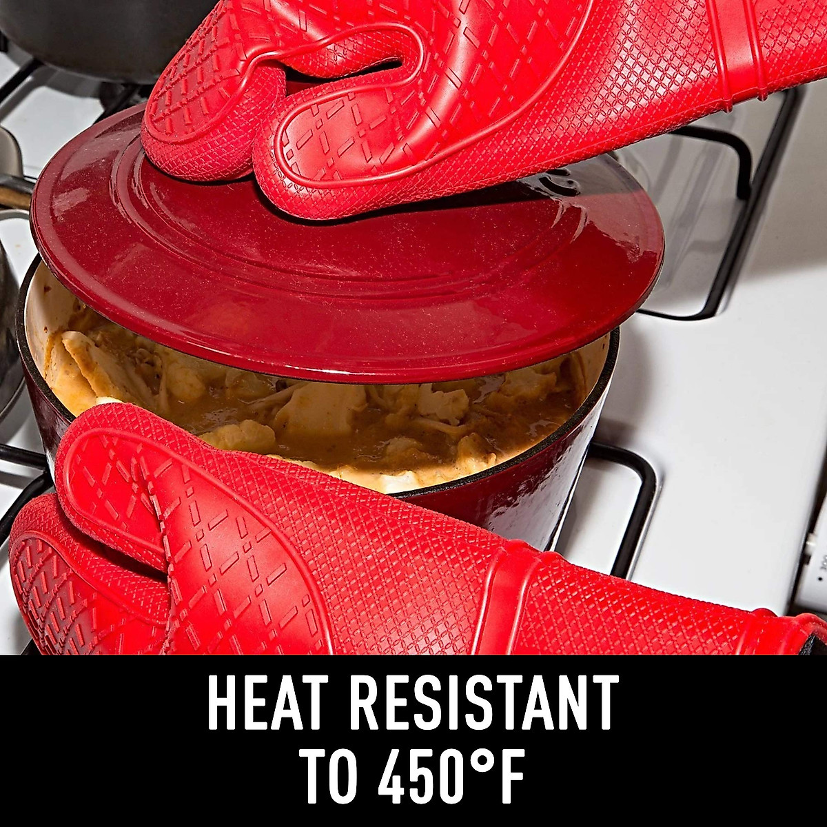 Elbee Home Heat-Resistant, Easy-Clean, Extra-Long Oven Mitts for Cooking, Baking and Grilling with Bonus Pot Holder Included