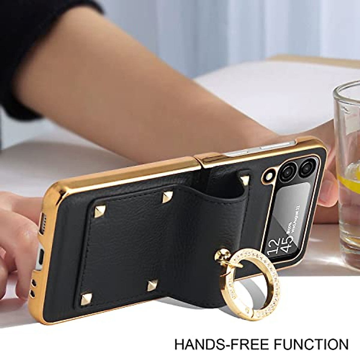 FNKJYND for Samsung Galaxy Z Flip 4 5G with Ring Holder,Luxury Leather Phone Cases with Bling Diamond Stand Flip Plating Golden Bumper Shockproof Protector for Galaxy Z Flip 4 5G 2022 Women Girls