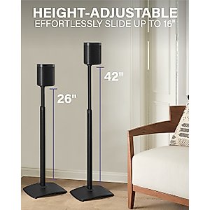 SANUS Adjustable Height Wireless Speaker Stands Designed for Sonos One, One SL, and Play:1 - Tool-Free Adjustment up to 16" and Built-in Cable Management (Black)